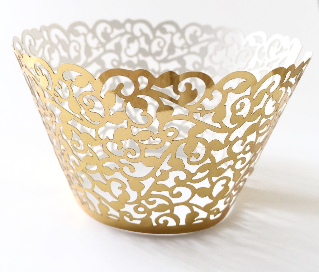 12 pcs MINI (Small) Metallic Gold Classic Filigree Lace Cupcake Wrappe ...